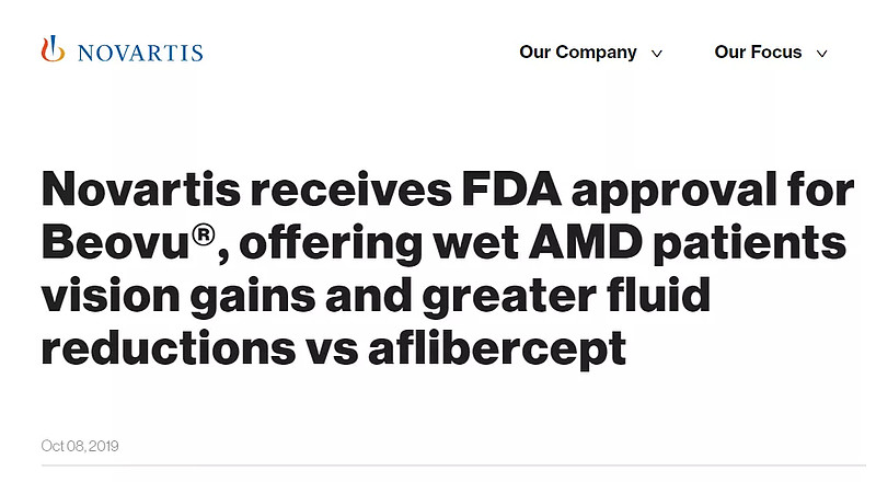 刚刚，FDA批准诺华3个月注射1次nAMD眼科新药！ 10月8日，诺华宣布FDA批准其Beovu（brolucizumab，RTH258）上市 ...
