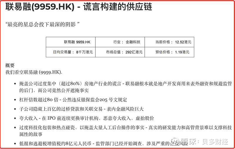 联易融遭做空背后：严重依赖房地产领域客户属实，股价已然“腰斩” 日前，沽空机构Valiant Varriors发表报告，点名 联易融科技 ...