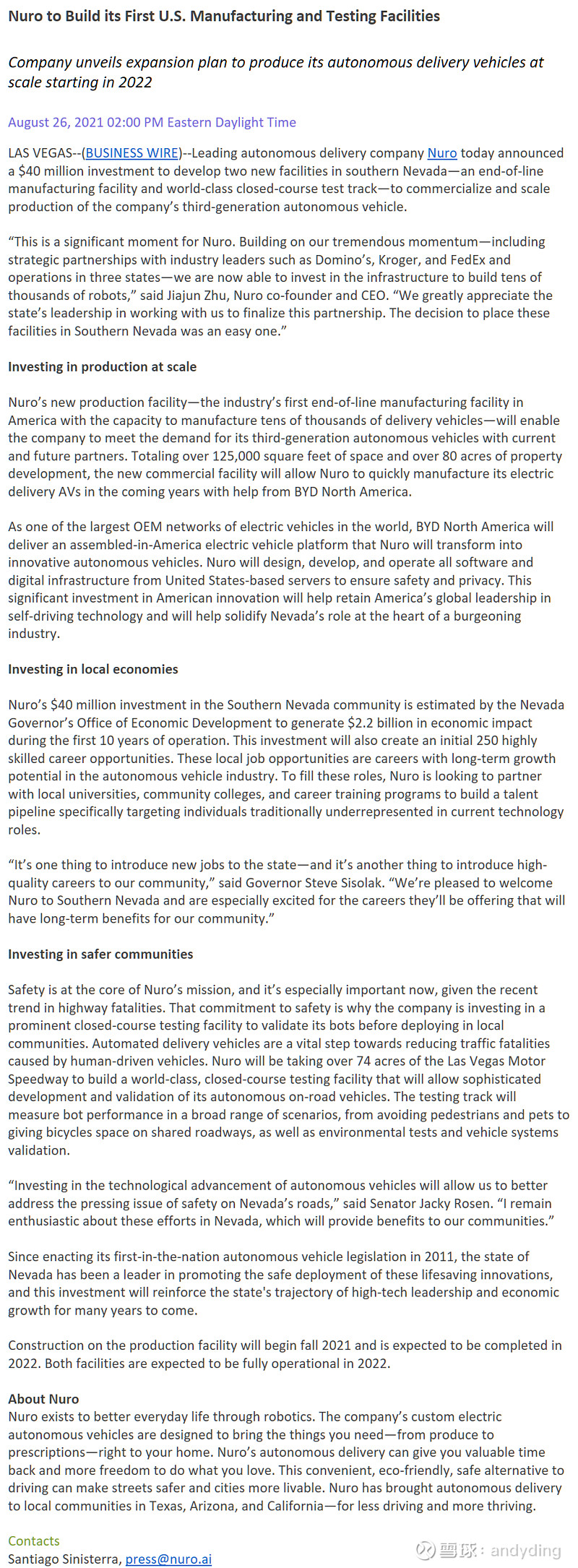 $比亚迪(SZ002594)$ 比亚迪 北美厉害，做事静悄悄！在 比亚迪 北美公司的帮助下，新的商业设施将使 Nuro ... - 雪球