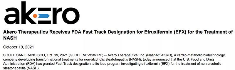 显著逆转肝纤维化！NASH新药获FDA快速通道资格 10月19日，Akero公司宣布FDA授予其领先在研药物Efruxifermin（EFX ...