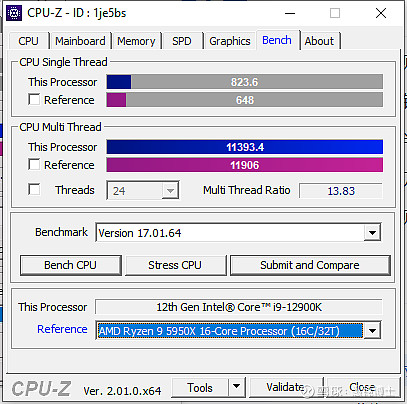 亲测的CPU-Z benchmark ，两张图分别是i9-12900K和线程撕裂者3975WX，reference都是5... - 雪球