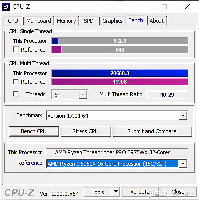 亲测的CPU-Z benchmark ，两张图分别是i9-12900K和线程撕裂者3975WX，reference都是5... - 雪球