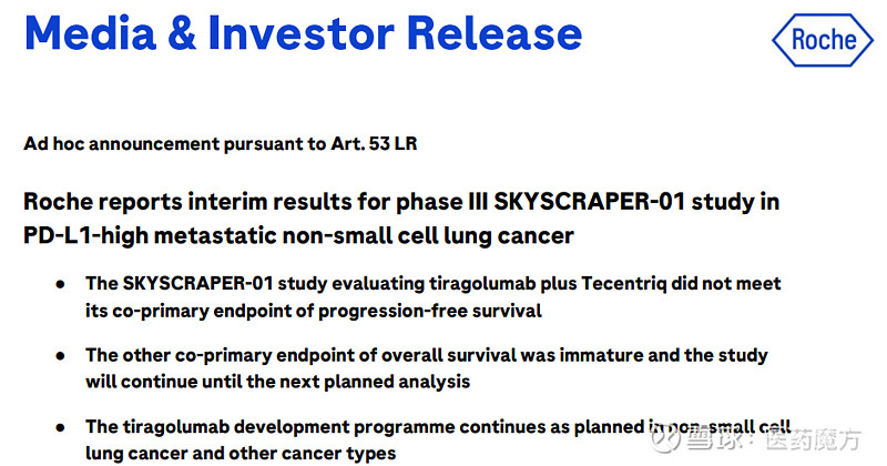 罗氏PD-L1+TIGIT组合一线治疗PD-L1高表达非小细胞肺癌III期失败 5月11日，罗氏宣布，抗TIGIT抗体tiragolumab联合PD-L1单抗Tecentriq（阿替利珠单抗 ...