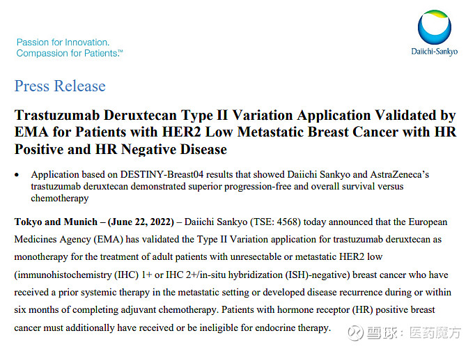 第一三共提交DS-8201治疗HER2低表达乳腺癌上市申请 6月22日，第一三共宣布已向欧洲药品管理局 (EMA) 提交trastuzumab ...