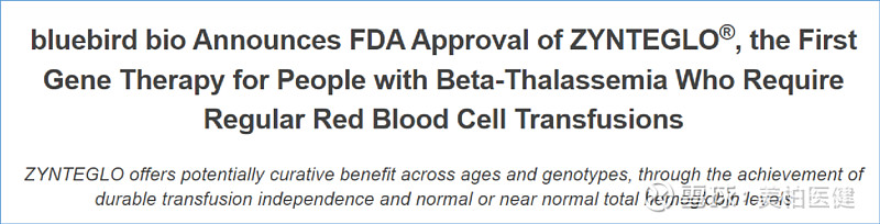 史上最贵！FDA批准首款β-地贫基因疗法上市，定价280万美元 今日，美国FDA正式批准Bluebird bio（NASDAQ：BLUE）的 ...