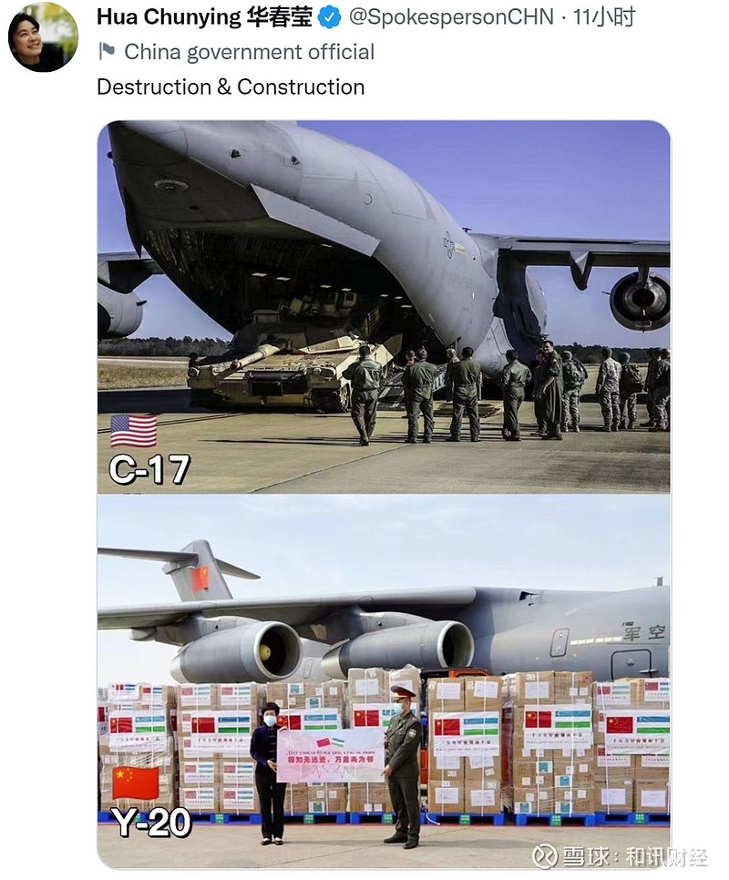 全网热议！华春莹推特上发了张图，意味深长 C-17 与运-20分别送去什么？华春莹发推一组美中对比图：“破坏与建设”。“破坏与建设”——中国外交部发言人华春莹24... - 雪球