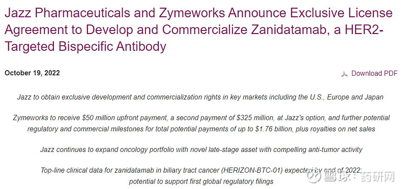 17.6亿美元！Zymeworks与Jazz达成HER2双抗授权协议 2022年10月19日，Jazz Pharmaceuticals宣布与 ...