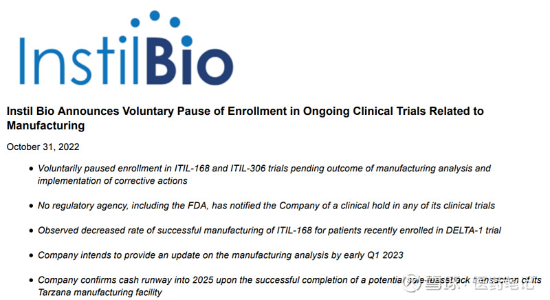Instil Bio：TIL疗法暂停临床入组，股价跌37% Armstrong2022年10月31日， Instil Bio 宣布暂停ITIL ...
