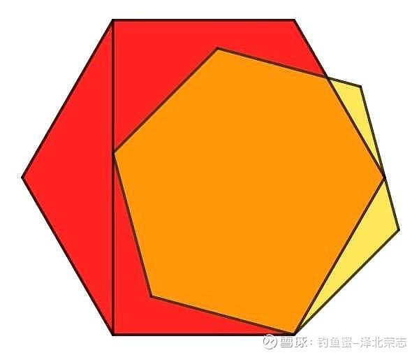 两个正六边形共用一个顶点。求红色六边形与黄色六边形的面积比。 @不知道鸭 ，鸭哥闲着也是闲着，做个题 - 雪球