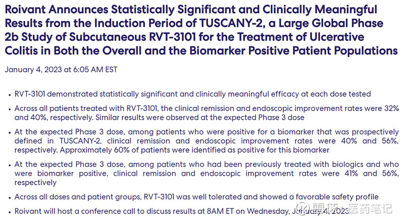 Roivant股价大涨16%，TL1A抗体二期临床成功 Armstrong 2023年1月4日， Roivant Sciences 宣布 ...