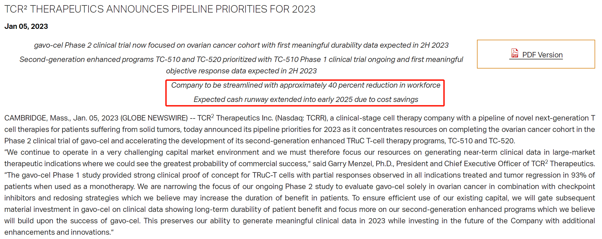细胞治疗各个方向曾经的明星企业还在持续崩塌，TCR-T治疗实体瘤领域的创新企业$Tcr2 Therapeutics(TC... - 雪球