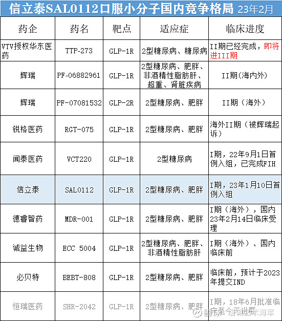 信立泰SAL0112国内竞争格局 信立泰SAL0112为胰高血糖素样肽-1受体（GLP-1R）的口服小分子偏向激动剂，于2022年5月31日 ...