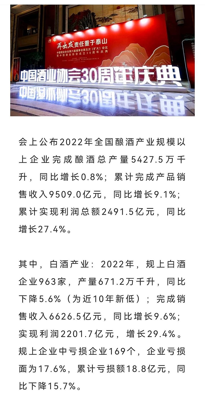 中国酒业2022年详细数据出炉：规上白酒企业实现利润 2201.7亿元，增长29.4% 中国酒业2022年详细数据出炉：白酒利润三年大涨71%、啤酒高端化红利初现、葡萄酒仍在低谷网页链接白酒 ...