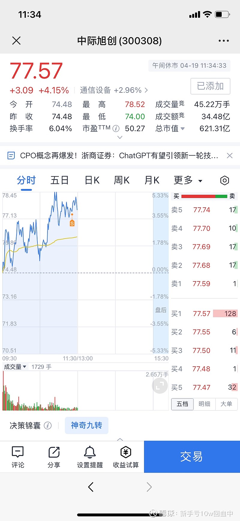 新手炒股亏10!记录回血第8天!早盘继续吃大肉! 今天早盘在中际旭创继续吃大肉!目前在这里吃肉18了。美滋滋!把这段时间亏的都赚回来了!不过有大佬建议我清仓,毕竟今天也 雪球