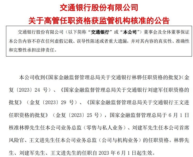 交通银行3名高管任职资格获批 【环球网财经讯】6月7日晚, 交通银行 发布关于高管任职资格获监管机构核准的公告,三名高管任职资格获核准。交通银行 在公 雪球