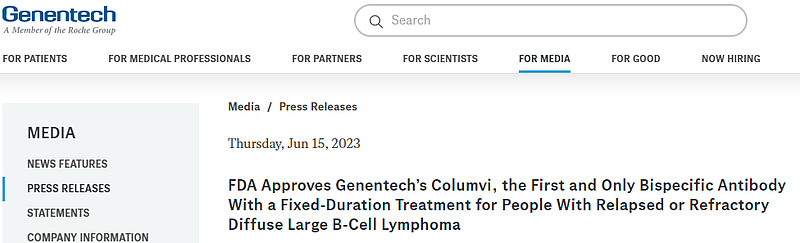 今日，罗氏旗下基因泰克宣布CD20/CD3双抗在美国获批 美国东部时间6月15日，罗氏（Roche）旗下基因泰克（Genentech）宣布，美国FDA已批准Columvi（glo... - 雪球