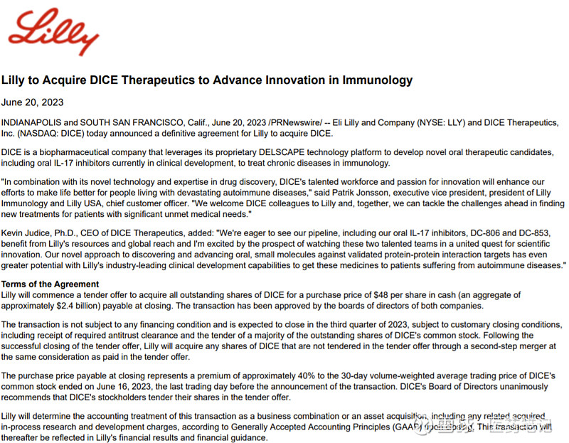 24亿美元：礼来收购DICE Therapeutics，获得IL-17小分子抑制剂 Armstrong 2023年6月20日， 礼来 制药宣布 ...