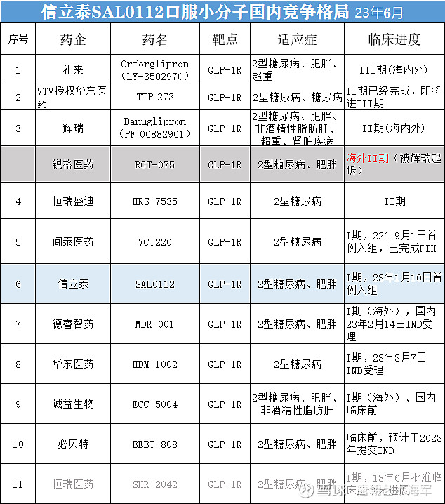 信立泰SAL0112国内竞争格局 信立泰 SAL0112为胰高血糖素样肽-1受体（GLP-1R）的口服小分子偏向激动剂，于2022年5月31日 ...