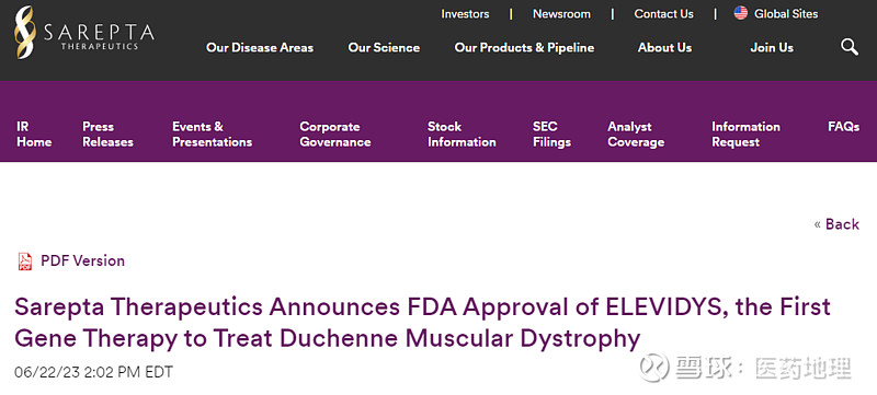 史上第二贵的基因治疗产品！DMD首款一次性基因疗法ELEVIDYS获FDA加速批准上市 近日，Sarepta Therapeutics 公司 ...