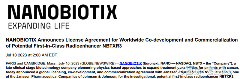 超27亿美元！强生引进纳米药物NBTXR3 7月10日， Nanobiotix 公司宣布，已与 强生 达成合作，授予后者共同开发和商业化 ...