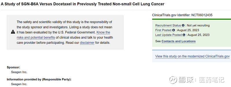 Seagen：ITGB6 ADC启动NSCLC三期临床 Armstrong 2023年8月25日， Seagen 在Clinicaltrials.gov网站上注册了SGN-B... - 雪球