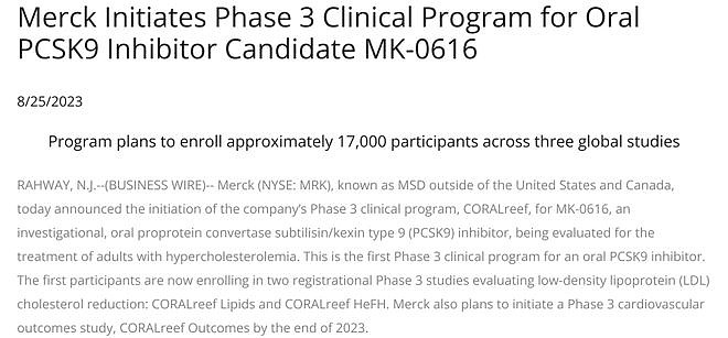 17000名受试者：默沙东启动口服PCSK9抑制剂全球III期项目 8月25日， 默沙东 宣布启动口服PCSK9抑制剂MK-0616治疗成人高 ...