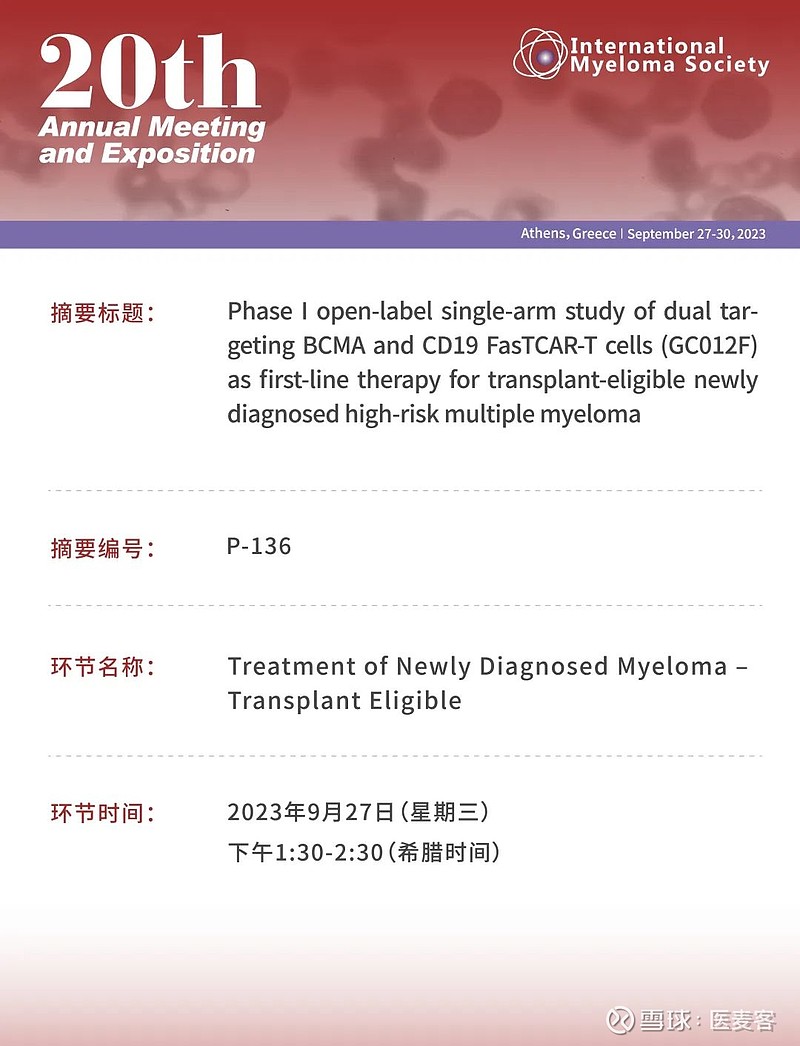 国际骨髓瘤学会年会 | 亘喜生物将公布FasTCAR-T GC012F治疗NDMM的最新临床数据 往期精选 ASH口头报告 | 明显优于现有 ...