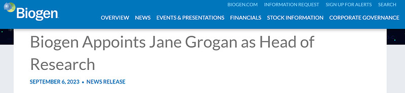 渤健任命新研发负责人 9月6日，渤健（Biogen）发布公告称，其将任命Jane Grogan博士为执行副总裁兼研发部门负责人，自2023年1... - 雪球