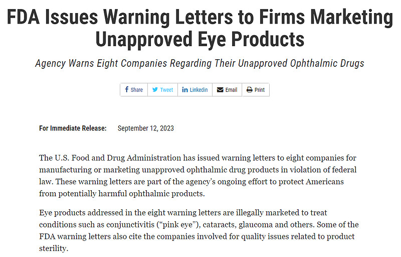 FDA警告8家公司停止销售非法眼科药物，涉及Boiron、CVS Health等 9月12日，FDA宣布，已向8家公司发出警告信，因这些公司非法制造和销售未被批准的用于治疗结膜炎、白内障 ...