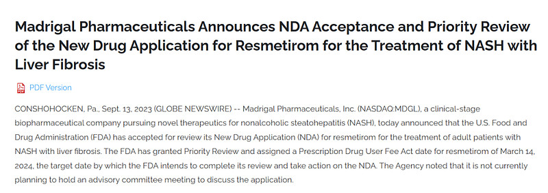 潜在首款NASH新药上市申请获FDA优先审评资格 9月13日，新泰医药（ Madrigal Pharmaceuticals）宣布，FDA已受理 ...