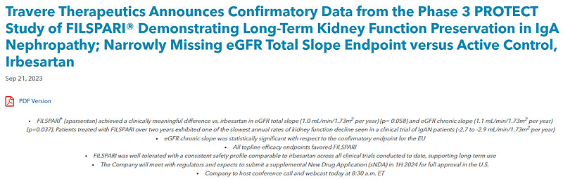 IgA肾病新药III期研究未达次要终点，Travere股价大跌45% 9月21日， Travere Therapeutics 公布了双重内皮素 ...