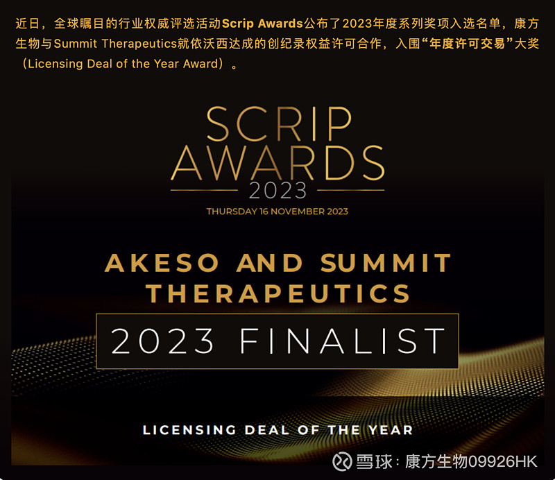 康方生物与Summit就依沃西的合作入围Scrip “2023年度许可交易奖” Scrip Awards系列年度奖项评选是全球生物制药领域最具 ...
