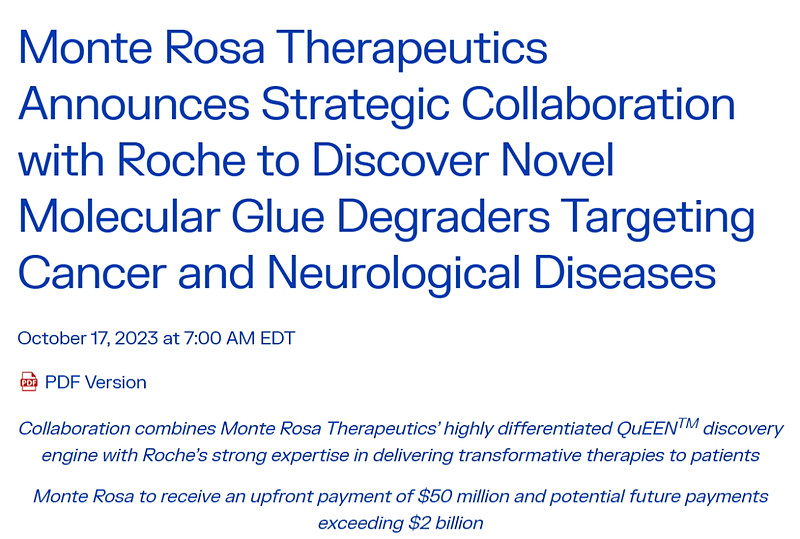 20.5亿美元！罗氏与Monte Rosa合作开发分子胶降解剂 10月17日，罗氏与 Monte Rosa Therapeutics （简称 ...