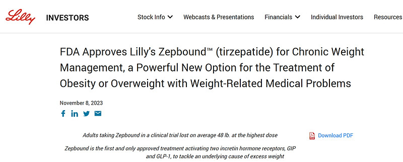 Tirzepatide减肥适应症获FDA批准，礼来市值逼近6000亿美元 11月8日， 礼来 宣布Zepbound（Tirzepatide）获 ...