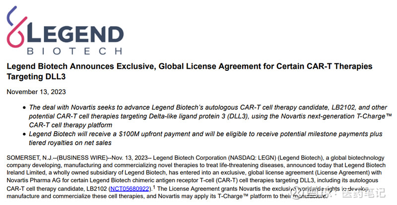 传奇再续传奇 Armstrong 2023年11月13日， 传奇生物 与诺华达成协议，将LB2102等DLL3 CAR-T疗法的全球... - 雪球