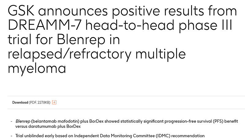 GSK：BCMA ADC头对头达雷妥尤单抗治疗多发性骨髓瘤III期成功 11月27日，GSK公布了belantamab mafodotin ...
