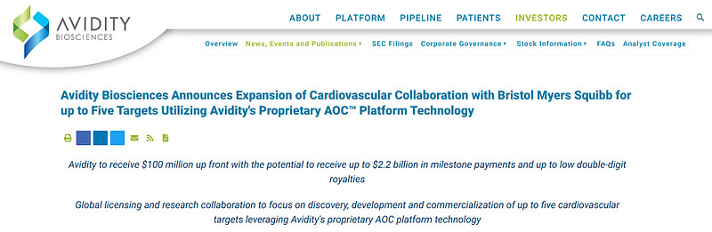 23亿美元！BMS布局抗体寡核苷酸偶联物 11月28日，Avidity Bioscience宣布与 百时美施贵宝 （BMS）达成许可和研究合作协议，以针对多个心血... - 雪球