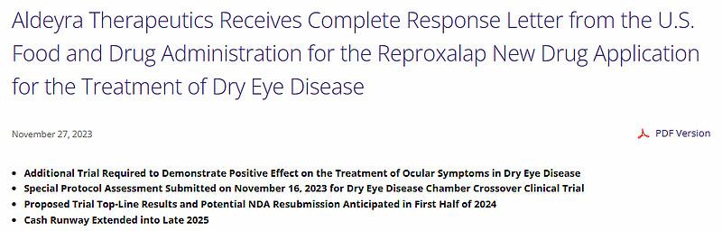 FDA拒绝批准first in class干眼症新药 11月27日，Aldeyra宣布收到FDA就Reproxalap滴眼液用于治疗干眼症的新 ...