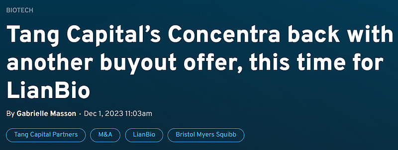 联拓生物或将被收购 近日，据外媒Fierce Pharma报道，Tang Capital Partners 旗下的Concentra Bio ...