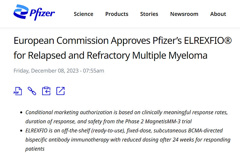 辉瑞CD3/BCMA双抗获欧盟批准上市 12月8日， 辉瑞 宣布，欧盟委员会（EC）已批准CD3/BCMA双抗ELREXFIO ...