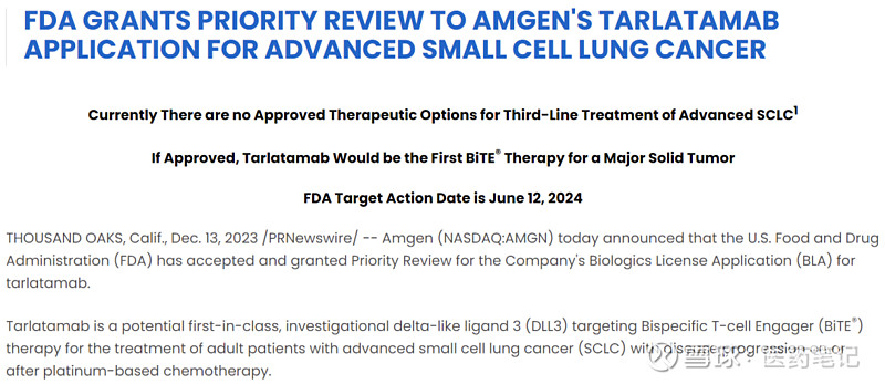 安进：DLL3/CD3双抗递交上市申请，获优先审评资格 Armstrong 2023年12月13日， 安进 宣布DLL3/CD3双抗 ...