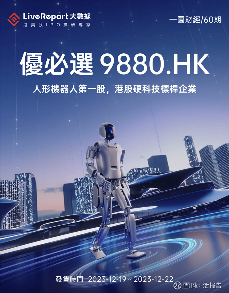 人形机器人第一股优必选(9880.HK)开始招股，港股硬科技标杆企业！ 优必选 (9880.HK)开始招股，招股日期为2023年12月19日至2023年12月22日，并预计于2023年12月2 ...