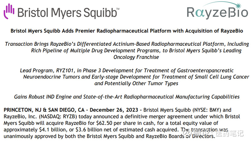 41亿美元：核药公司RayzeBio并BMS收购，成立仅3年时间 Armstrong 2023年12月26日， 百时美施贵宝 宣布将以41亿美元的价格收购核药生物技术公司RayzeBi... - 雪球