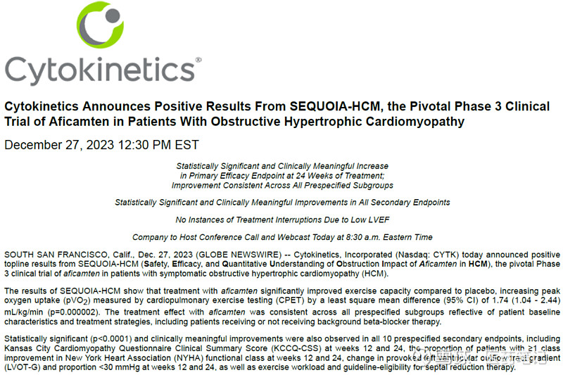 Cytokinetics大涨82%：Aficamten治疗HCM三期临床成功，箕星药业拥有中国权益 Armstrong 2023年12月27日 ...