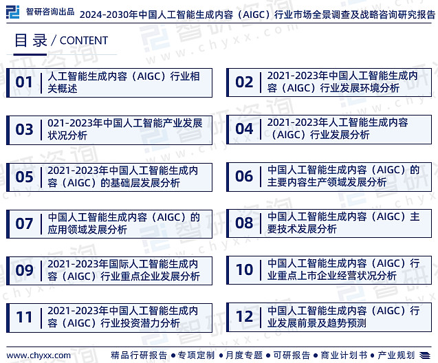 干货分享！智研咨询发布：中国人工智能生成内容（AIGC）行业市场分析研究报告 由智研咨询专家团队精心编制的《2024-2030年中国人工智能生成内容（AIGC）行业市场全景调查及战略咨询研究 ...