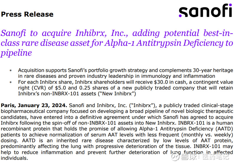 22亿美元：赛诺菲收购Inhibrx Armstrong 2024年1月23日，赛诺菲宣布于 Inhibrx 达成并购协议，强化在罕见病领域和 ...