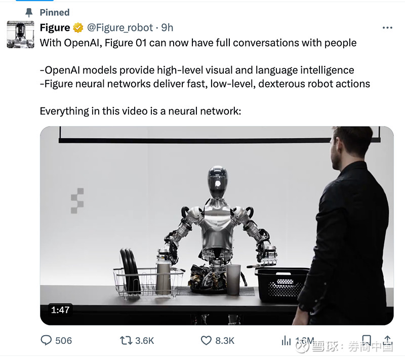 炸裂！OpenAI机器人，来了！ 来源：证券时报 今日，人形机器人初创公司Figure AI发布了一段视频演示。 视频中，公司研发的Figure 01机器... - 雪球