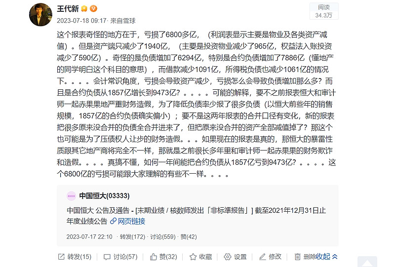 $中国恒大(03333)$ 恒大 暴雷后换了审计师之后，新审计师不敢帮着作假了，虚增的利润21年一把计提掉，然后21年爆... - 雪球