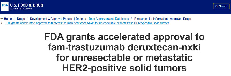 ADC泛瘤种适应症丨FDA 加速批准DS-8201用于 HER2 阳性实体瘤 DS8201取得一项泛瘤种适应症，HER2阳性实体瘤后线治疗2024 年 4 月 5 日，FDA 加速批准了由第 ...