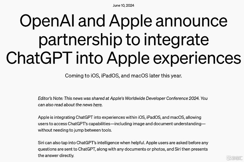 激起IPO猜测！OpenAI任命首位CFO 在宣布与 苹果 合作前夕，OpenAI任命了首位CFO，引发市场关于其可能IPO的猜测。新官宣两名 ...